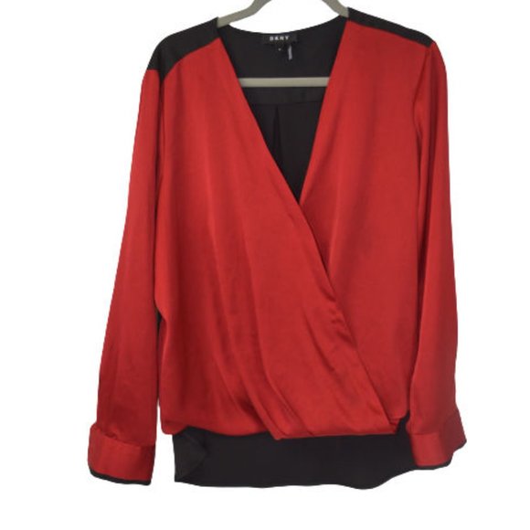 Dkny | Tops | Dkny Black Red Color Block Draped Blouse Xl Slenderizing ...